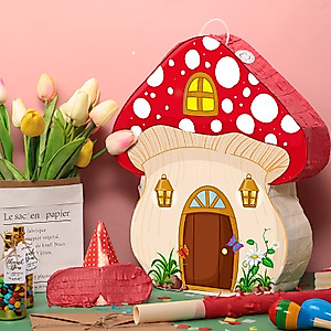 Mushroom Piñata with Stick and Blindfold Fairy Piñata 3D Mushroom Shaped Piñata for Kids Birthday Party Mushroom Hanging Decoration Piñata for Forest Jungle Woodland Baby Shower Party Supplies