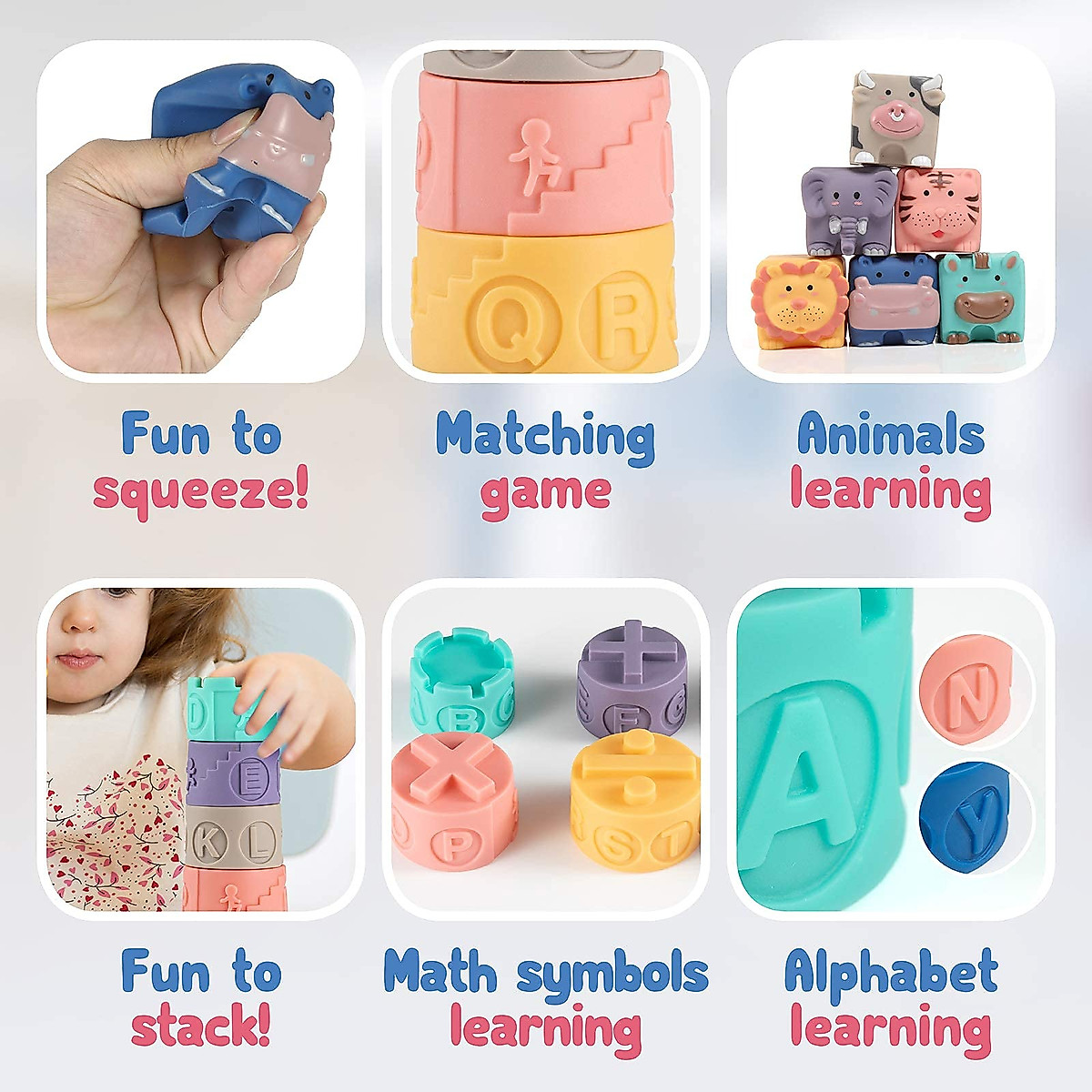 Montessori Toys Baby Bath Toy: 12 Pack Infant Stacking Cup Building Blocks for Boys& Girls 6 to 12 Months and Up - Sensory Teething Toy Play - Sensory Animal Squeeze Block Set