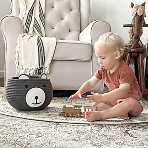 CherryNow Cute Bear Round Basket - Cotton Rope Baskets in Living Room Woven Baby Shower Basket Bedroom Storage Bakset for Children Corner Plant Basket Indoor, Grey, 10.5"D x 8.5"H