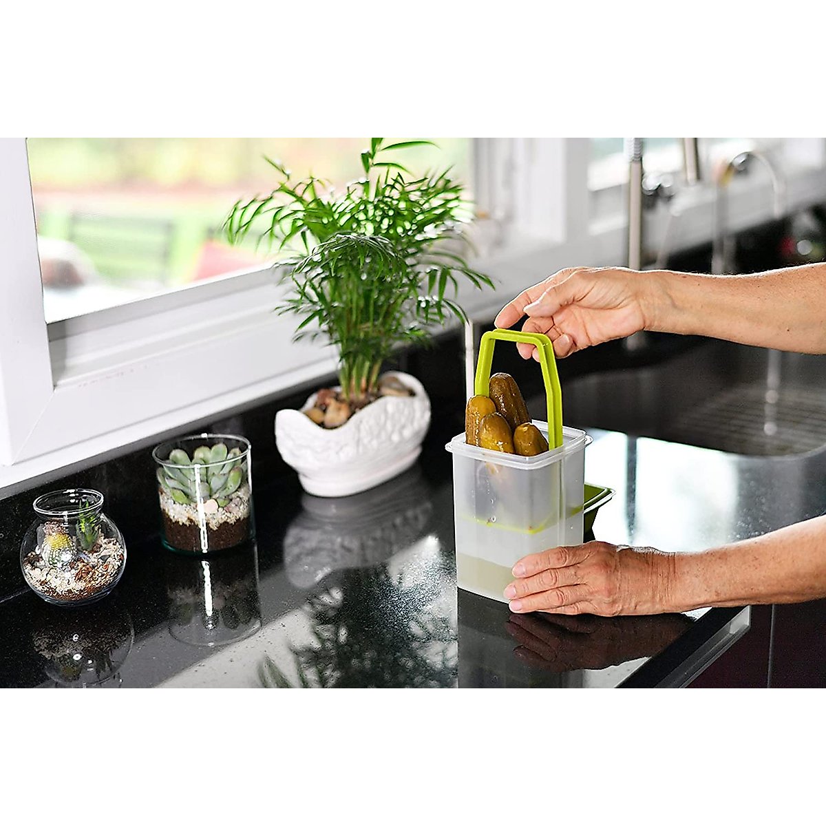 Home-X Set of 2 Pickle Storage Containers, Straining Pickle Jar, Filter Insert, Sieve Food Saver Container, 7 ½” L x 4 ¼” W x 4 ¼” H, Set of 2, Green