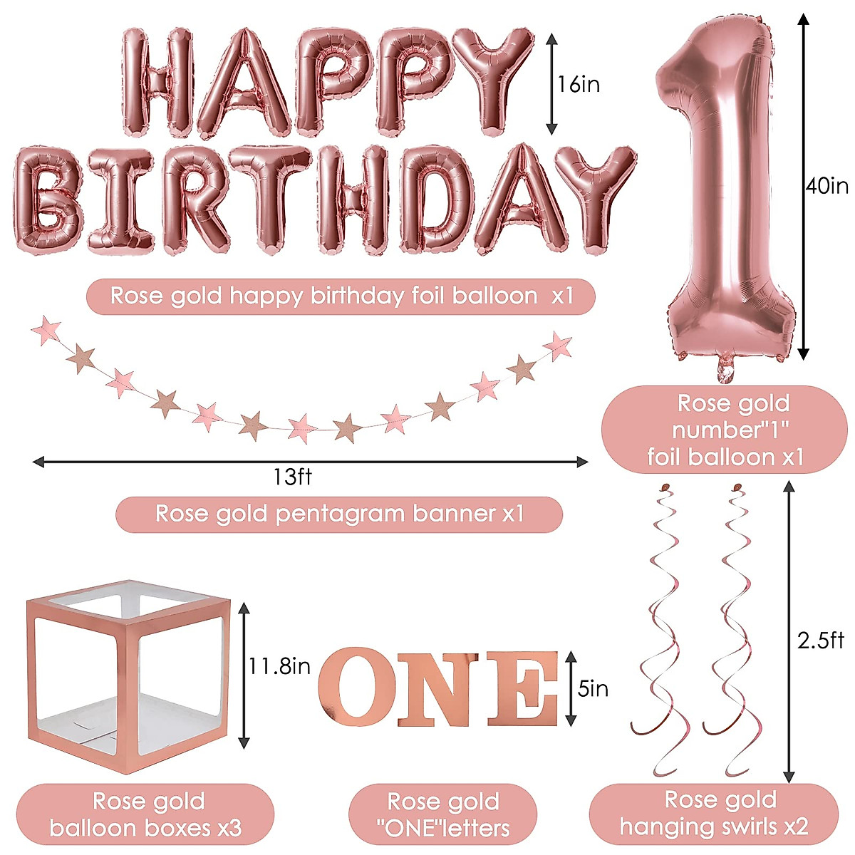 RUBFAC 1st Birthday Rose Gold Baby Shower Decorations for Girl Rose Gold Balloons 1st ONE Boxes Foil Balloon Hanging Swirls for Baby 1st Birthday Party
