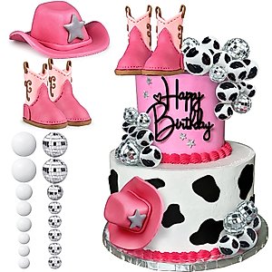 25PCS Cowgirl Cake Decorations Cowgirl Hat and Boot Cake Toppers Disco Ball Cake Topper Western Cowgirl Birthday Baby Shower Party Favors Supplies