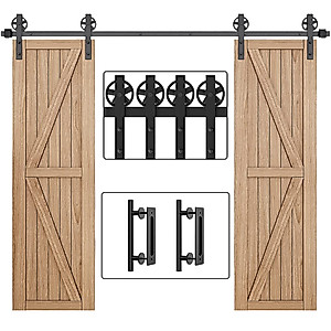 WINSOON 9FT Wood Double Sliding Barn Door Hardware Basic Black Big Spoke Wheel Roller Kit with 2PCS 12 Inch Sliding Barn Door Handles Black Hardware with Pull and Flush Barn Door Handle Set