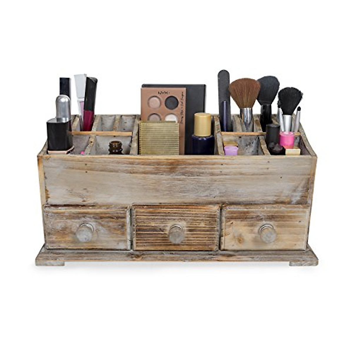 Vanity Drawer Beauty Organizer 3 Drawers - Wooden Cosmetic Storage Box for Neat & Organize Storing of Makeup Tools, Small Accessories at Home & Office Vanities & Bathroom Counter-top (Rustic)