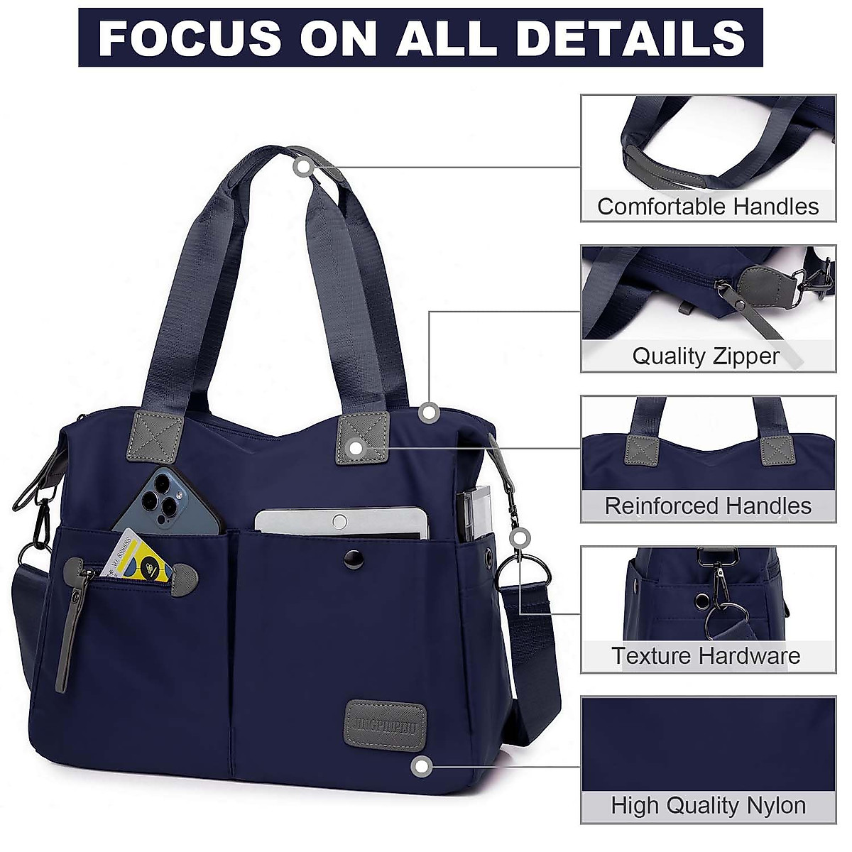 Women Tote Bag with Multiple Pockets & Zipper for Work ,Nylon Tote Handbag ,Large Shoulder Purse,Waterproof Galaxy Cross body Bag for Travel (Navy Blue 1)