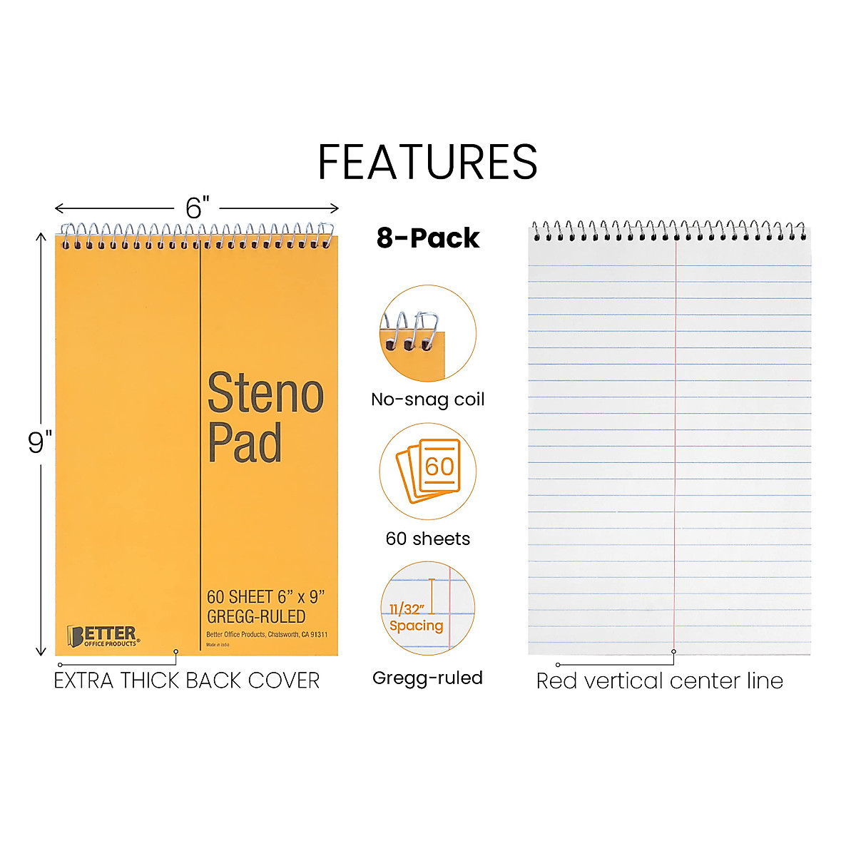 Better Office Products Spiral Steno Pads, 8 Pack, 6 x 9 inches, 60 Sheets, White Paper, Gregg Rule, Natural Board Cover, 8 Steno Notebooks