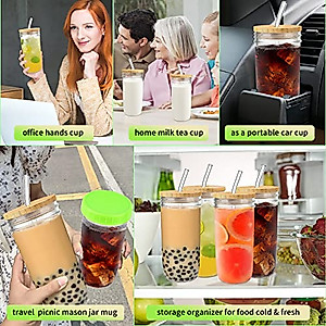 4 Pack Glass Cups Set - 24oz Mason Jar with Bamboo Lids and Glass Straw & 12 Airtight Lids, Brush - Boba Drinking Glasses, Reusable Travel Tumbler Bottle for Iced Coffee, Smoothie, Bubble Tea, Gift