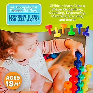 Skoolzy Montessori Sensory Peg Board 34 Piece Set - Develop Sensory Play Occupational Therapy STEM Learning Educational Toys for Kids 2+ - Includes Foam Board, Lacing String, Dice, Storage Bag, eBook