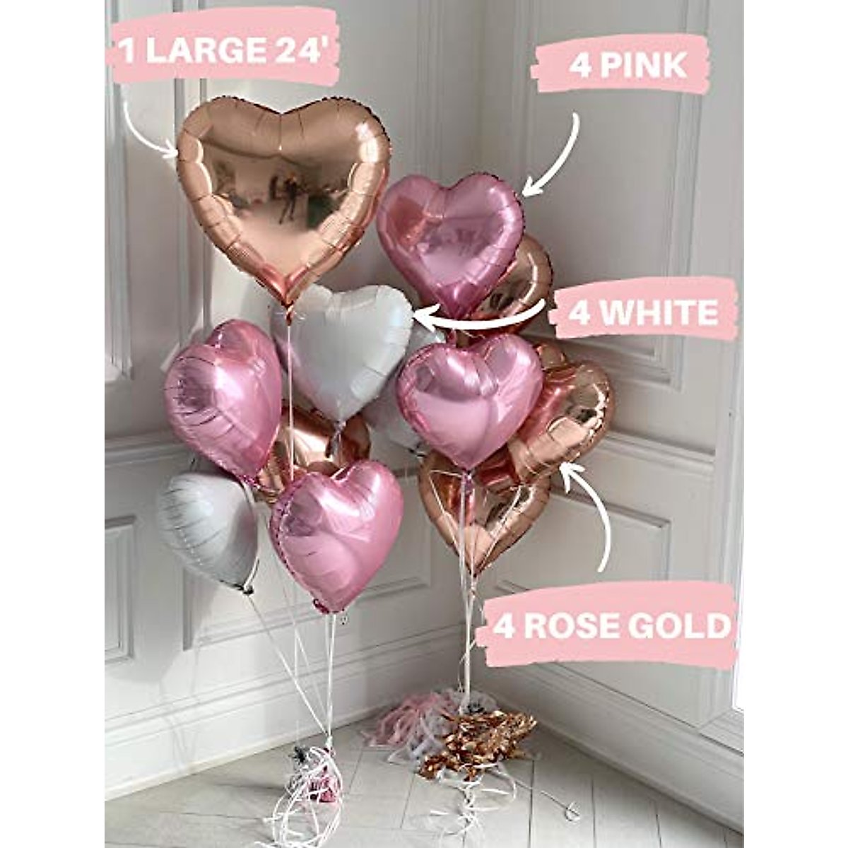 Pastel Heart Balloons 12 PACK Pink Valentines Day Heart Shaped Decorations Rose Gold Mylar Foil Balloon Set