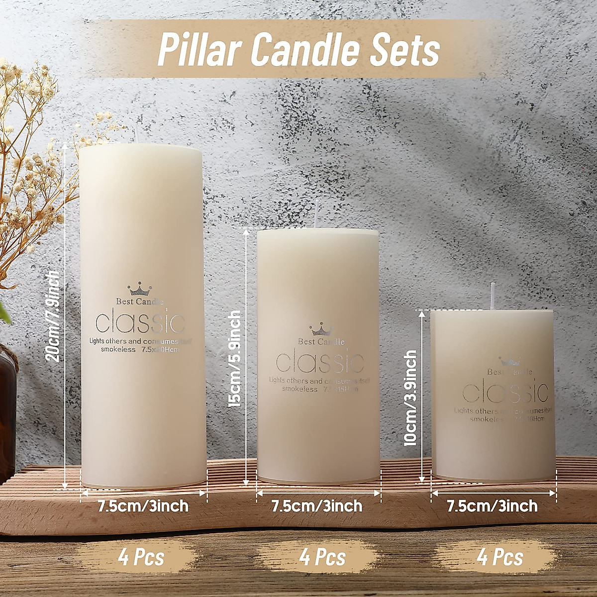 Sumind Set of 12 Poured Pillar Candles 3"x 4", 6", 8" Dripless Unscented Candle Long Clean Burning Rustic Country Style for Wedding, Christmas, Home Decor, Relaxation, All Occasions(Ivory White)