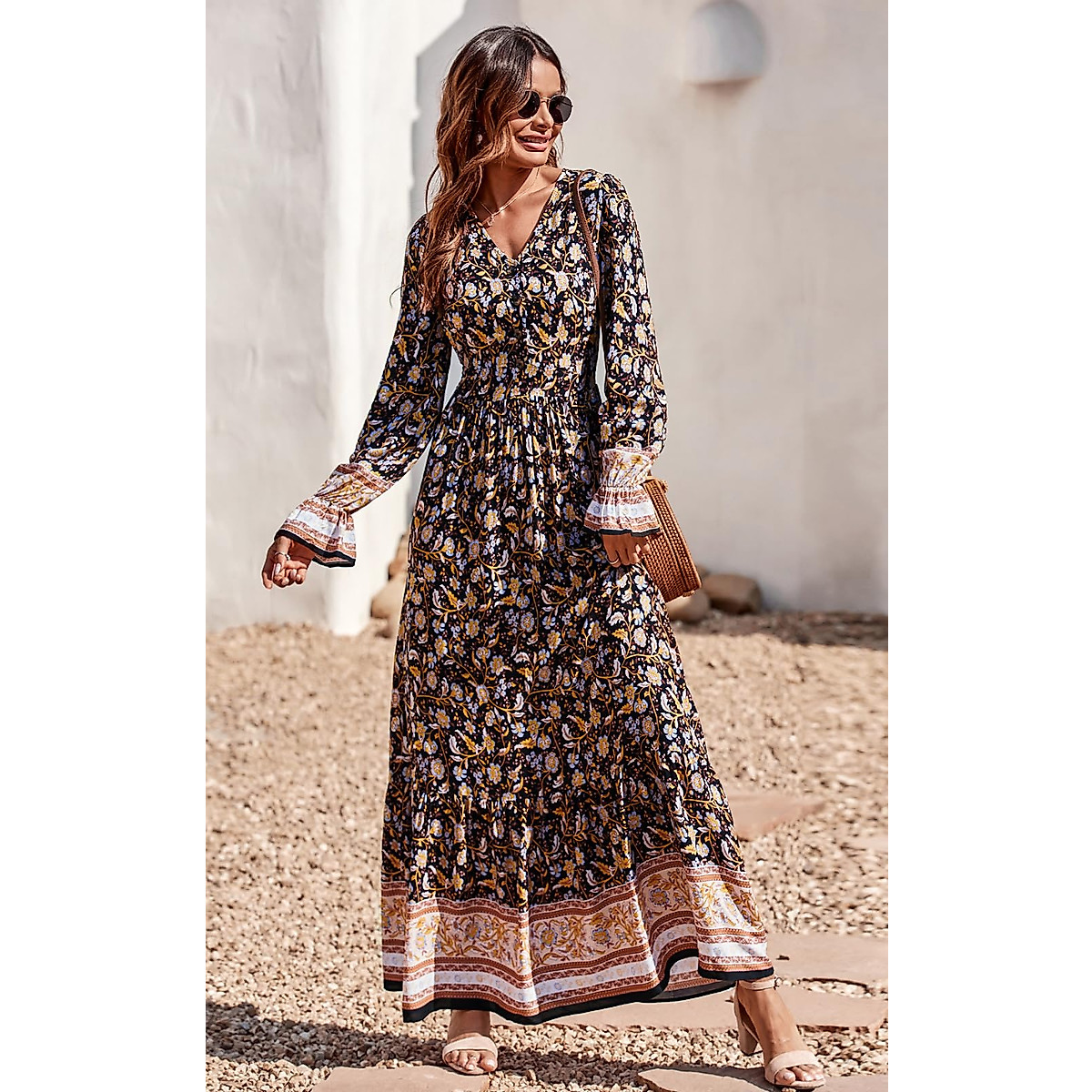 PRETTYGARDEN Maxi Long Sleeve Dress - V Neck Floral Casual Chiffon Spring Fall Long Dresses for Women (Black Yellow,Large)