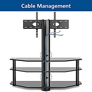 Rfiver Swivel Glass TV Stand with Mount for 32-70 Inch Flat or Curved Screen TV up to 110 lbs, Height Adjustable Corner Floor Entertainment Center with TV Mount and 3-Tier Storage for AV Media