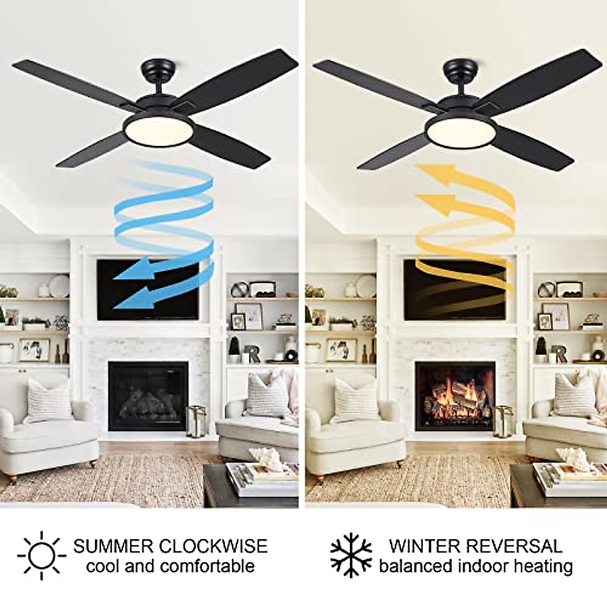 SNJ 52 inch Black Modern Ceiling Fan with LED Lights and Remote Control for Home Bedroom, Living Room, Dining Room, Noiseless Motor, Reversible 4 Blades, Low Profile Celing Fans 1095