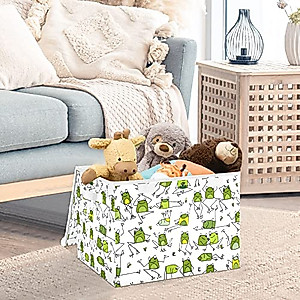 Krafig Cartoon Funny Animal Frog Foldable Storage Box Large Cube Organizer Bins Containers Baskets with Lids Handles for Closet Organization, Shelves, Clothes, Toys