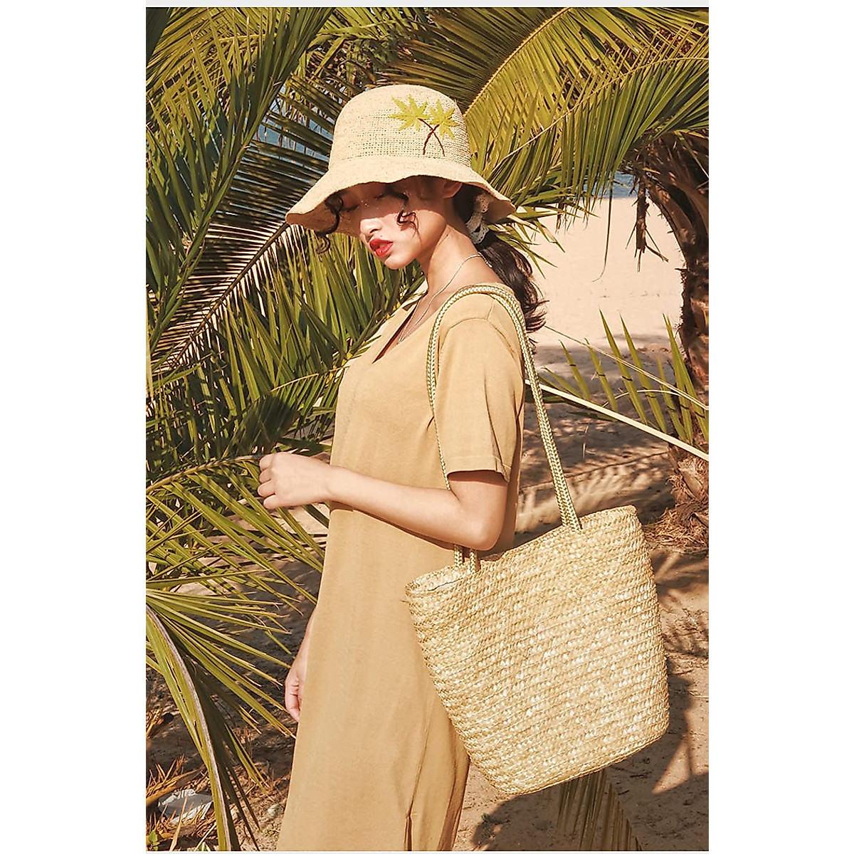 TONWHAR® Simple Elegant Straw Woven Beach Tote Bag Purse (Natural Color)