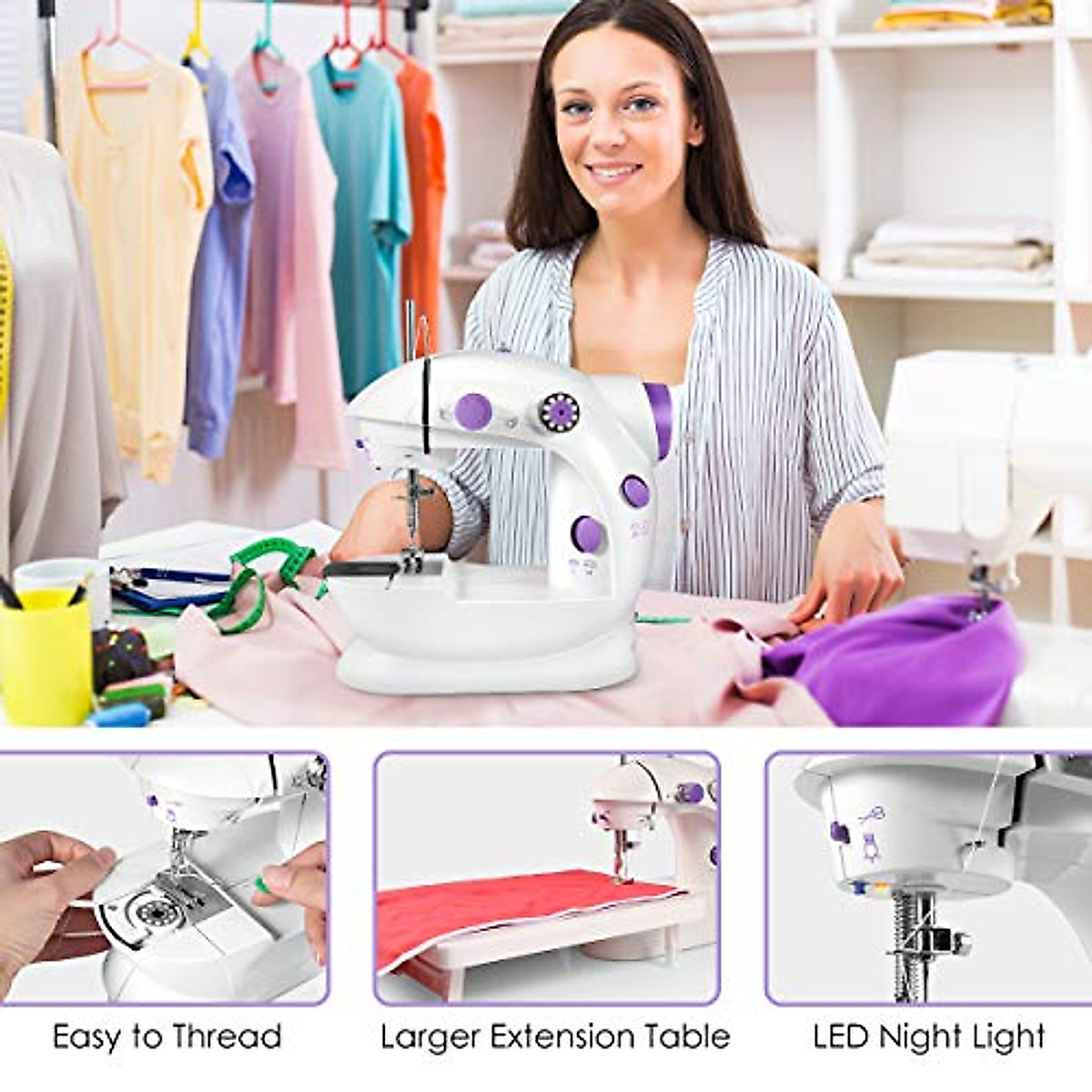 Portable Sewing Machine with Extension Table and Light,Mini Sewing Machine with Upgraded,Two Threads Double Speed Double Switches,Electric Sewing Machine Easy to Use for Kids,Beginners and DIY