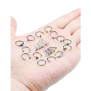 Jenxnjsjo Nose Rings Hoops Studs Piercings Jewelry Set for Women 20g Green Surgical Stainless Steel 20 g Gauge Rainbow Aretes para La Nariz Cute Tiny Straight Bar Nostril Bone Pack Hypoallergenic
