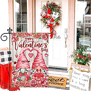 Valentines Day Garden Flag, Valentine Garden Flag 12x18 Double Sided, Happy Valentine's Day Gnomes with Love Heart Roses Burlap Vertical Yard Flag for Home Lawn Outdoor Decorations