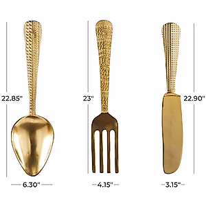 Deco 79 Aluminum Metal Utensils Home Wall Decor Knife, Spoon and Fork Wall Sculpture, Set of 3 Wall Art 4" W, 23" H, Gold