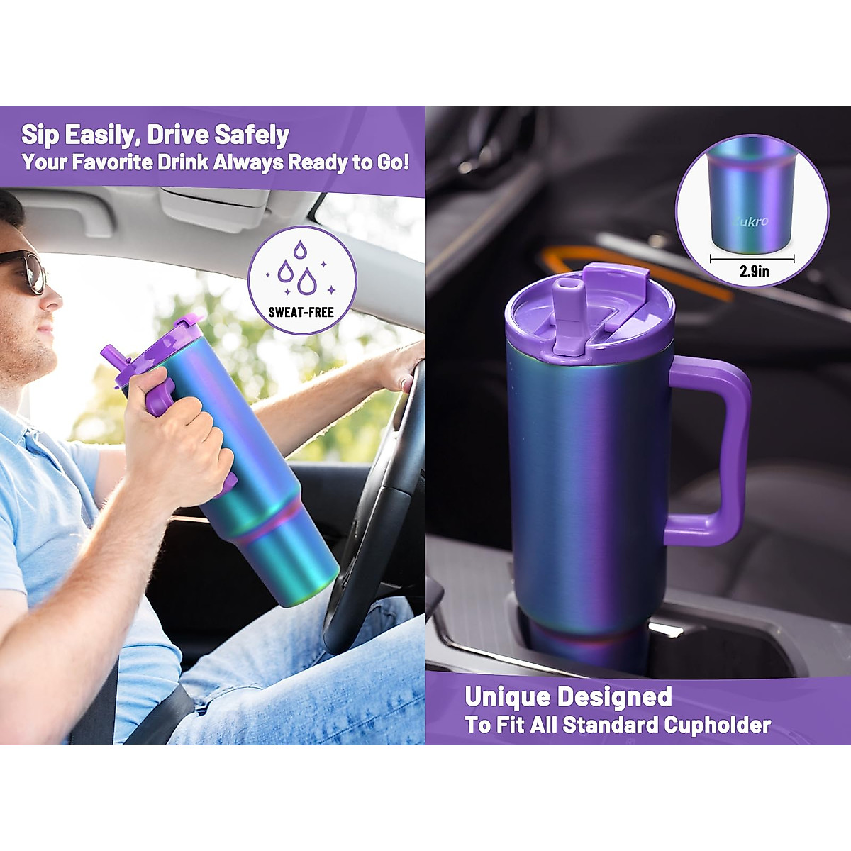 Zukro 50 oz Tumbler With Handle, 100% Leak Proof, Large Triple-wall Insulated Stainless Steel Jug with Lid and Flip Straw, No Sweat Wate Bottle Fit in Cup Holder, Keep Drinks Cold 34 Hours, Navy Blue