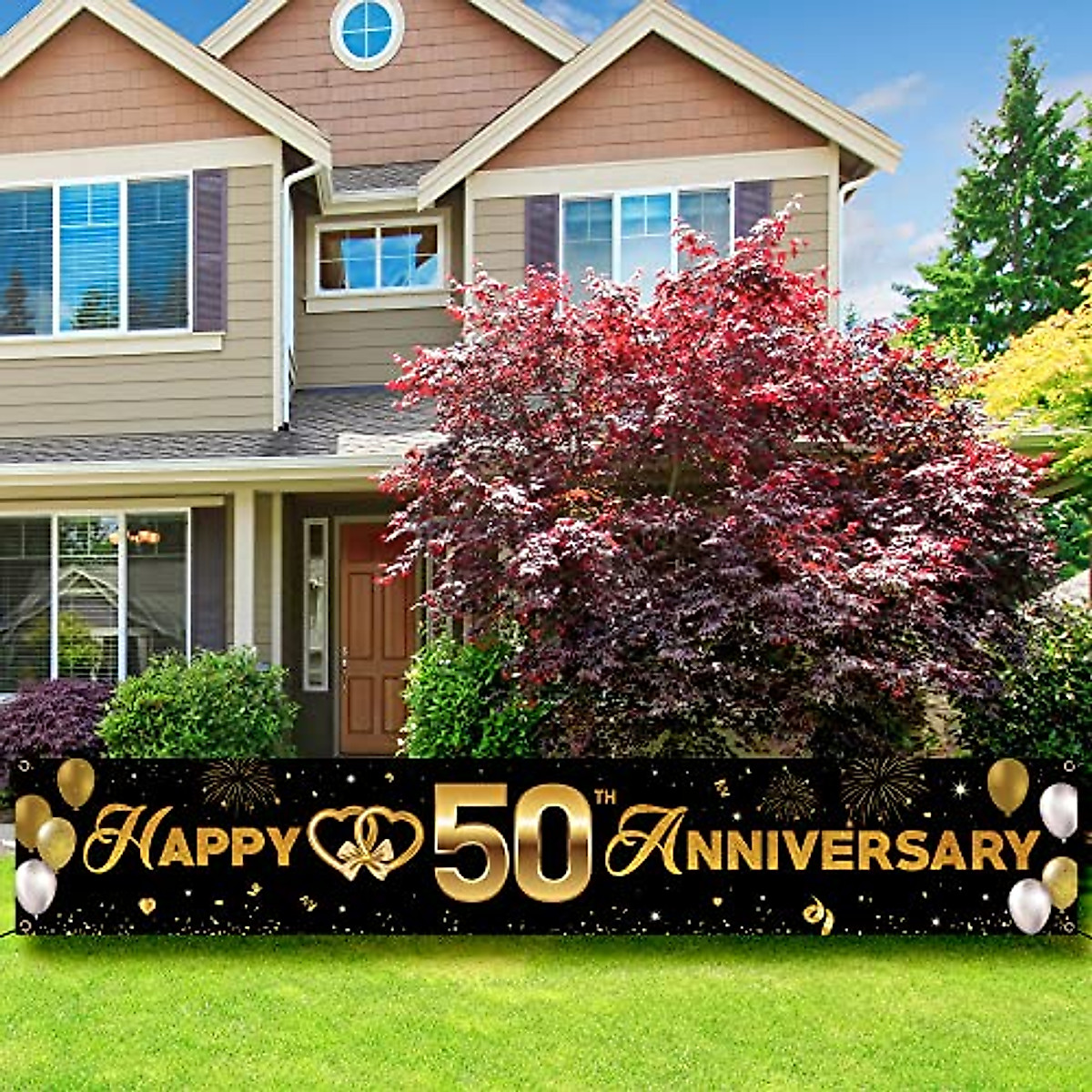 50th Wedding Anniversary Yard Sign Banner Decorations, Golden Happy 50th Anniversary Decorations Backdrop, 50 Years Anniversary Party Supplies Gold for Outdoor Indoor, Sturdy Fabric Vicycaty