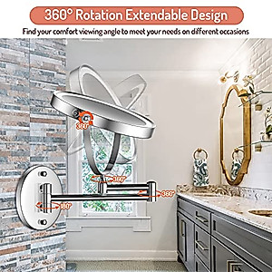 Rocollos Rechargeable Wall Mounted Lighted Makeup Mirror Chrome, 8 Inch Double-Sided LED Vanity Mirror 1X/10X Magnification,3 Color Lights Touch Screen Dimmable 360°Swivel 13 Inch Extendable