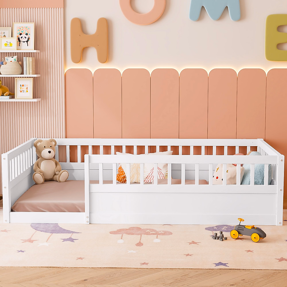 FUQIAOTEC Twin Size Kids Floor Bed Frame, Montessori Wood Floor Bed with Safety Guardrails and Slats for Bedroom Playroom, White Fence, 78" W x 41" D x 20" H