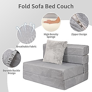 LOVMOC Tri Folding Sofa Mattress, High-Density Memory Foam Sofa Bed with a Fluffy Pillow, Futon Floor Couch Guest Bed, Twin Size, Grey