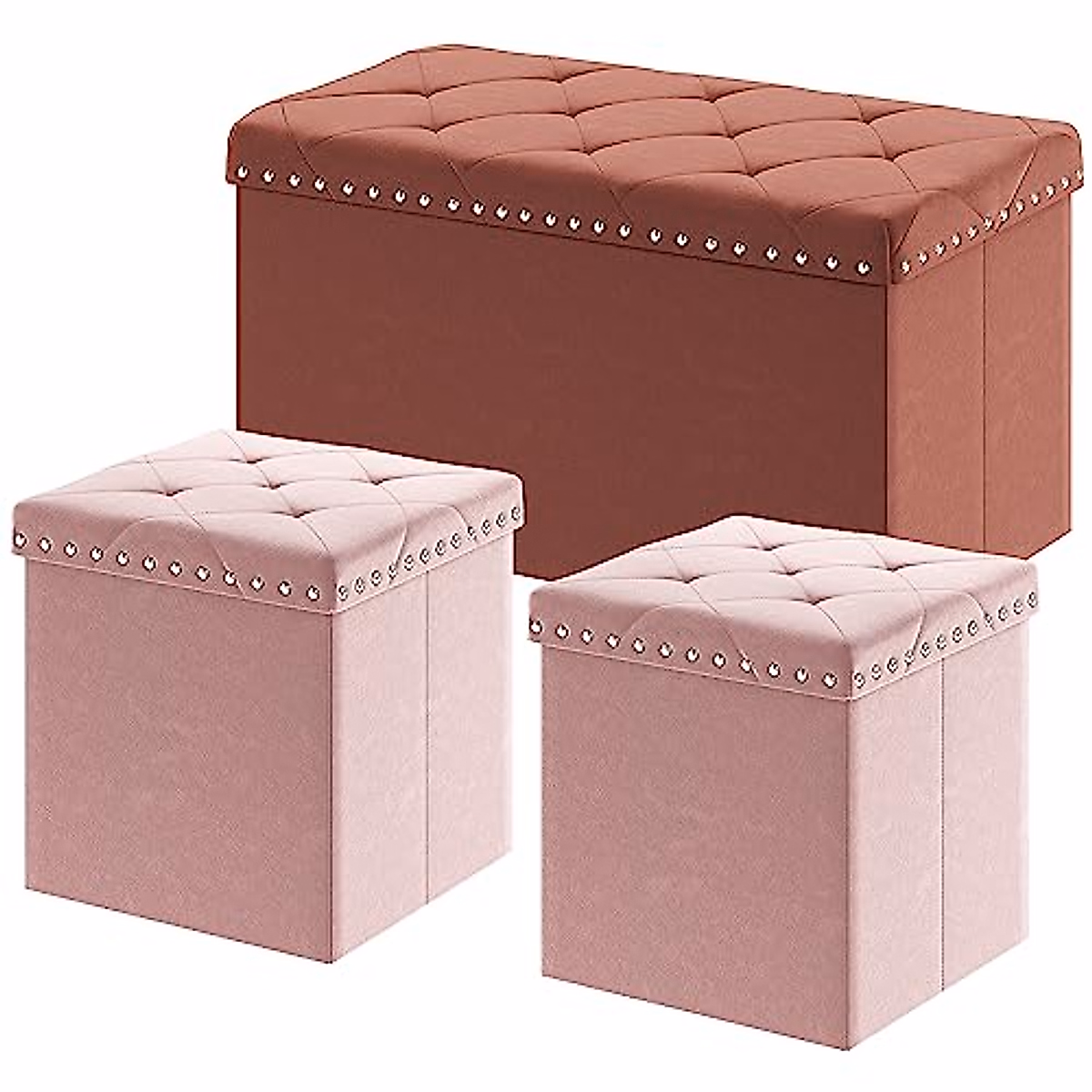 YITAHOME Velvet Tufted Storage Ottoman Bench with Stylish Rivets, for Bedroom Living Room Dressing Room for Multipurpose use (Set of 3, Pink)