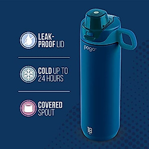 Pogo Active Vacuum Insulated Stainless Steel Water Bottle with Leak Proof Chug Lid and Silicone Carry Loop, Powdercoat, Poseidon, 18 oz