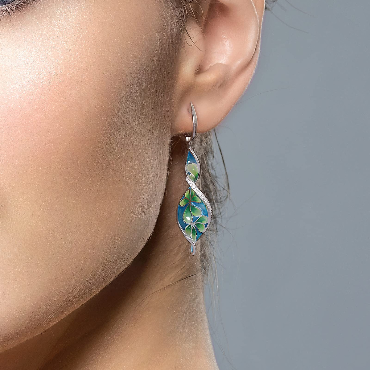 Santuzza Flower Earrings 925 Sterling Silver Cubic Zirconia Enamel Twisted Spiral Dangle Earrings for Women (Green)