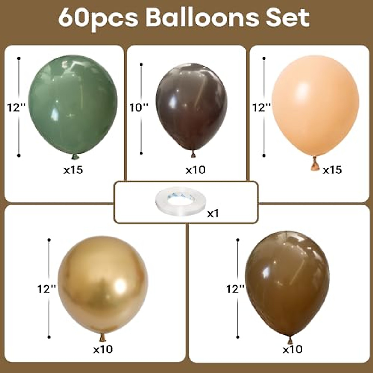 Green and Brown Balloons, 60 PCS Sage Green Gold Brown Latex Balloons Woodland Camo Army Olive Green Dark Brown Coffee Nude Gold Party Balloon for Jungle Safari Woodland Hunting Birthday Decorations