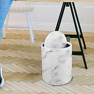 Kichvoe Round Swing Top Trash Can Bathroom Trash Can Decorative Bathroom Wastebasket Marble Modern Round Waste Basket for Bathroom, Powder Room Or Living Room White