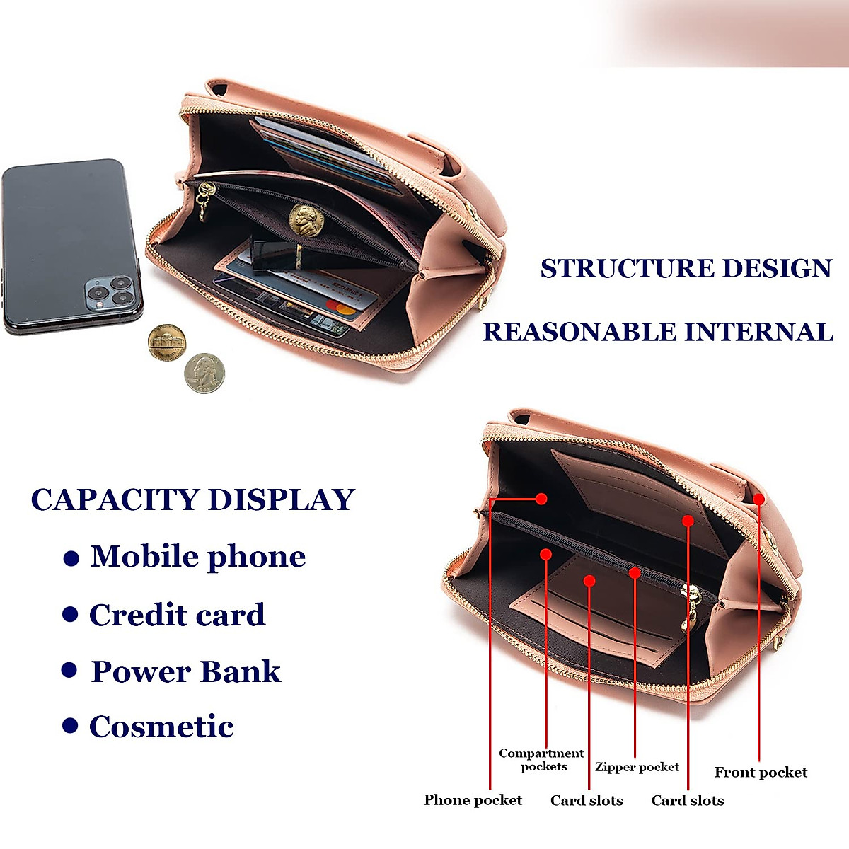 PAHVRION Small Crossbody Cell Phone Purse，Shoulder Bag with Strap for Women Cell Phone Purse Wallet with Credit Card Slots，Blue