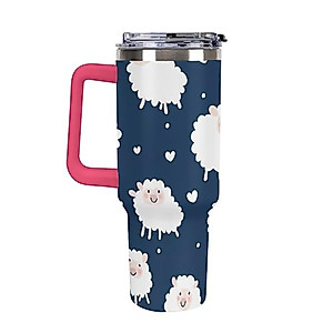 Cute Sheep Pattern 40oz Water Bottle Double Wall Insulated Tumbler with Handle Leakproof Travel Mug Light Rose Red-style