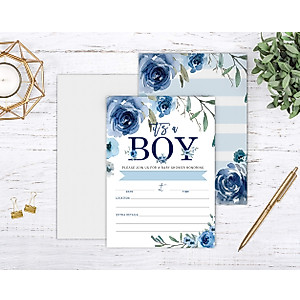 Boy Baby Shower Invitations with Book Request and Diaper Raffle Card, Blue Baby Sprinkle, 20 Fill in Invites