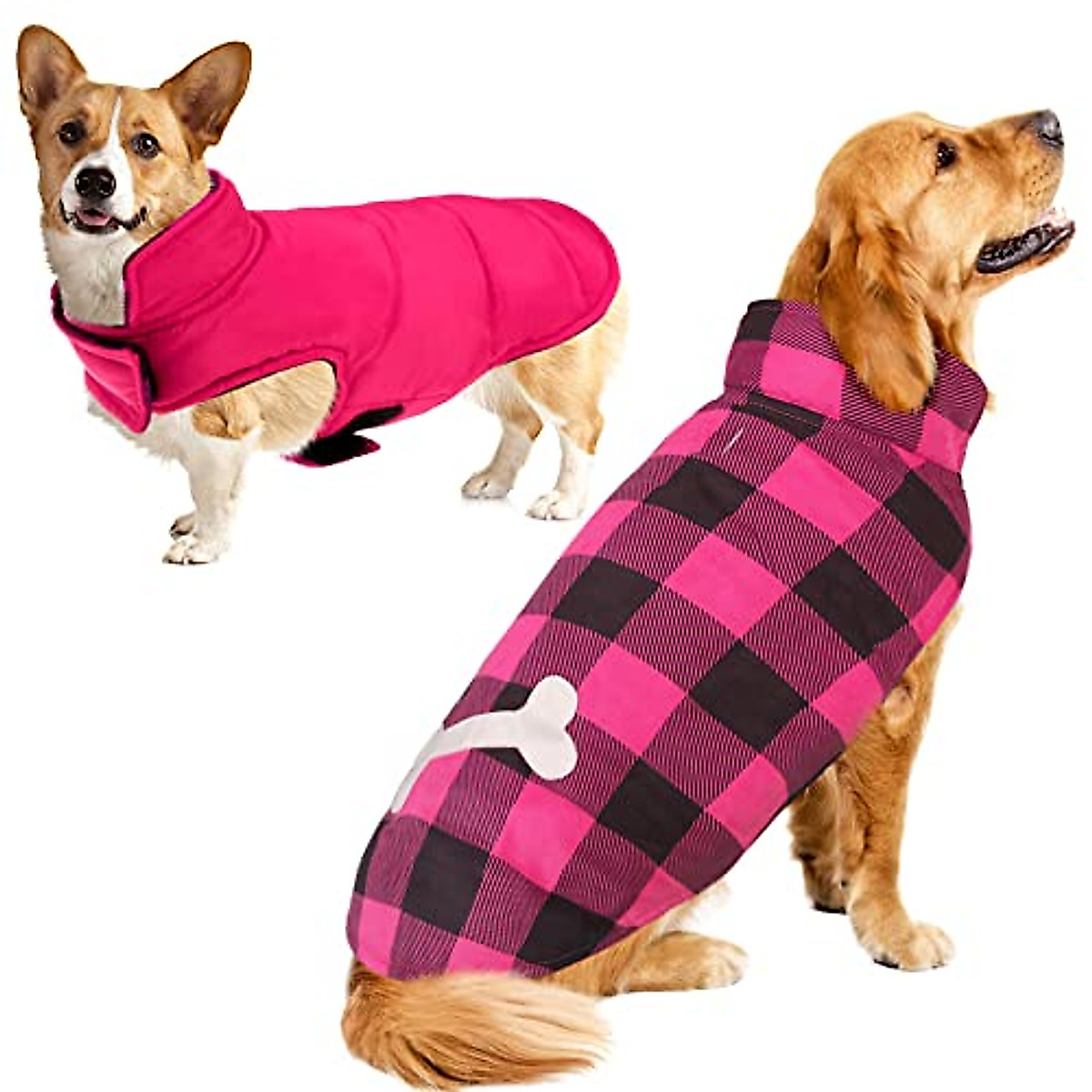 SUNFURA Plaid Dog Coat, British Style Dog Winter Jacket Outdoor Dog Vest with Windproof Collar and Leash Hole, Buffalo Plaid Dog Cold Weather Coats Warm Clothes Pet Apparel for Small Medium Large Dogs
