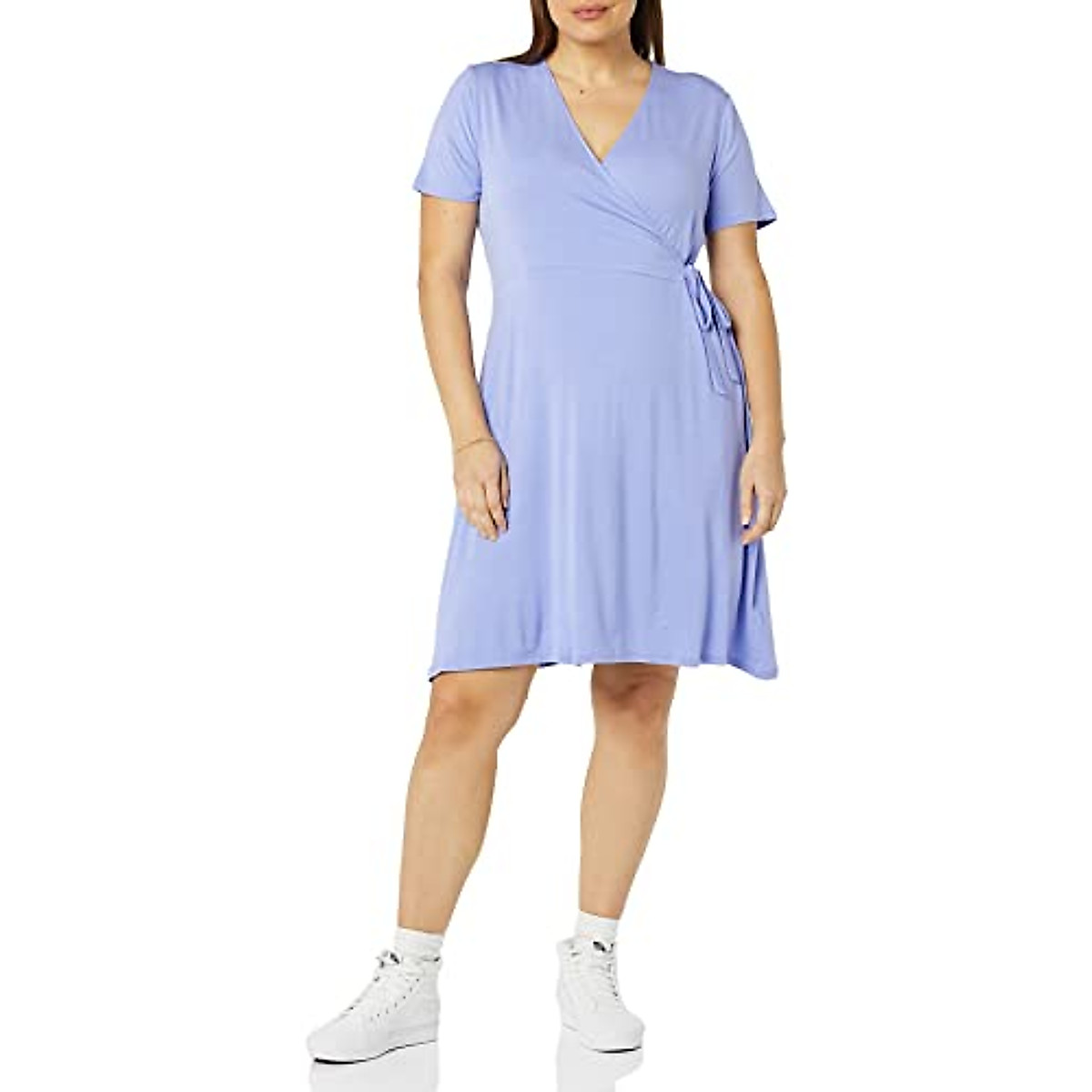 Amazon Essentials Women's Cap-Sleeve Faux-Wrap Dress, Soft Violet, Large