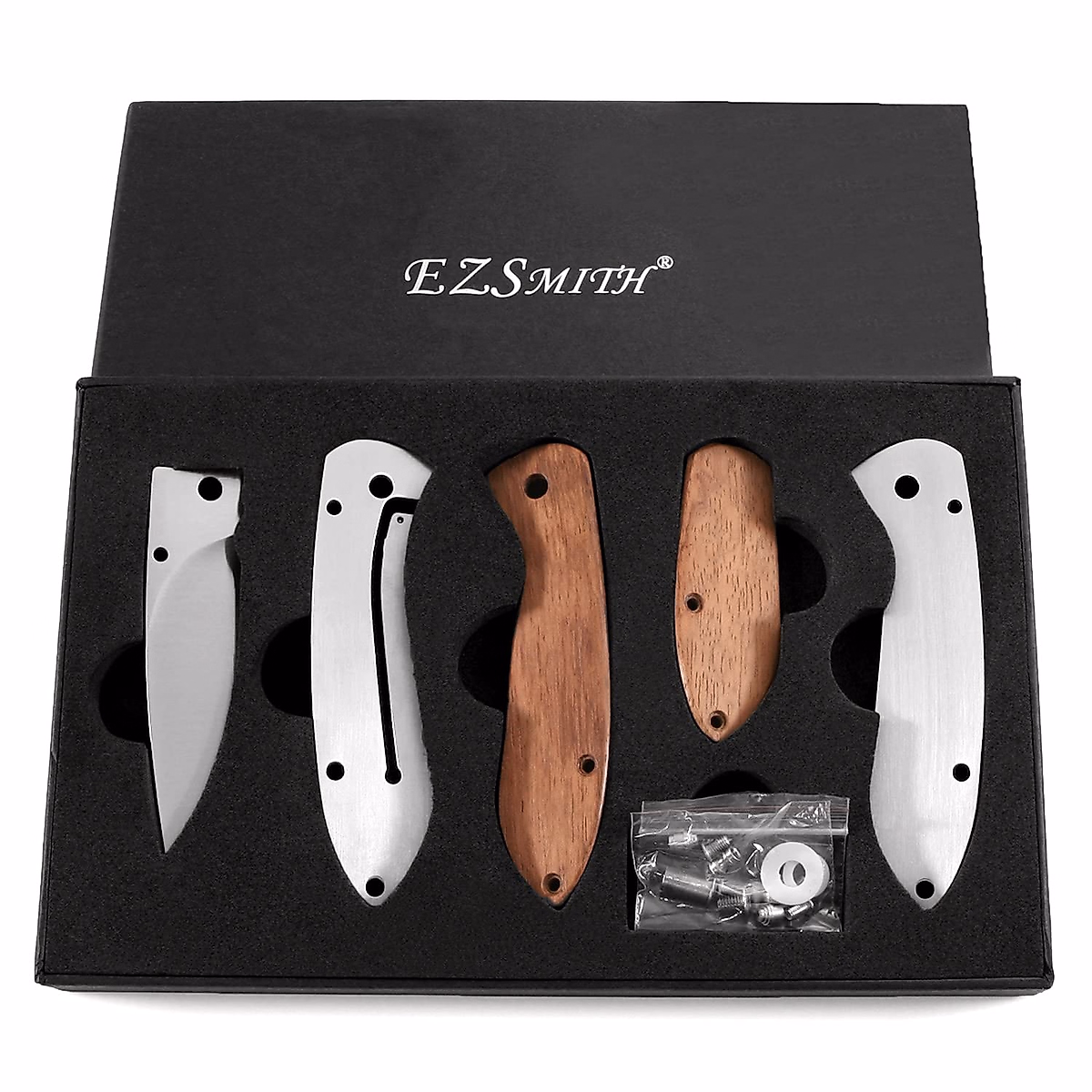 EZSMITH Knife Making Kit - Stinger - DIY Framelock Folding Knife - (Parts Kit) - (SS Finish) - (w/Pre-machined Bubinga Wood Handle Scales) - (Gift Boxed) - (USA Design) - (by KnifeKits)
