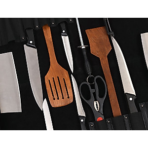 Aaron Leather Goods Leather Knife Roll Storage Bag | Elastic and Expandable 10 Pockets | 6 Leather Pocket | Travel-Friendly Chef Knife Case Roll (Raven, Leather)