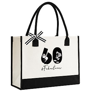 Crisky 60th Birthday Gifts for Women Canvas Tote Beach Bag 60 & Fabulous with Ribbon for Wife/Sister/Mom/Aunt/Friends,17" x 12" x 7"