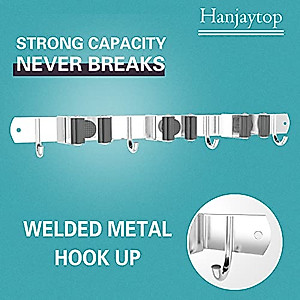 Hanjaytop Mop and Broom Organizer Wall Mounted, Stainless Steel Heavy Duty Garden and Kitchen Garage Tool Organizer Wall Holder for Home Goods (3 Racks 4 Hooks)