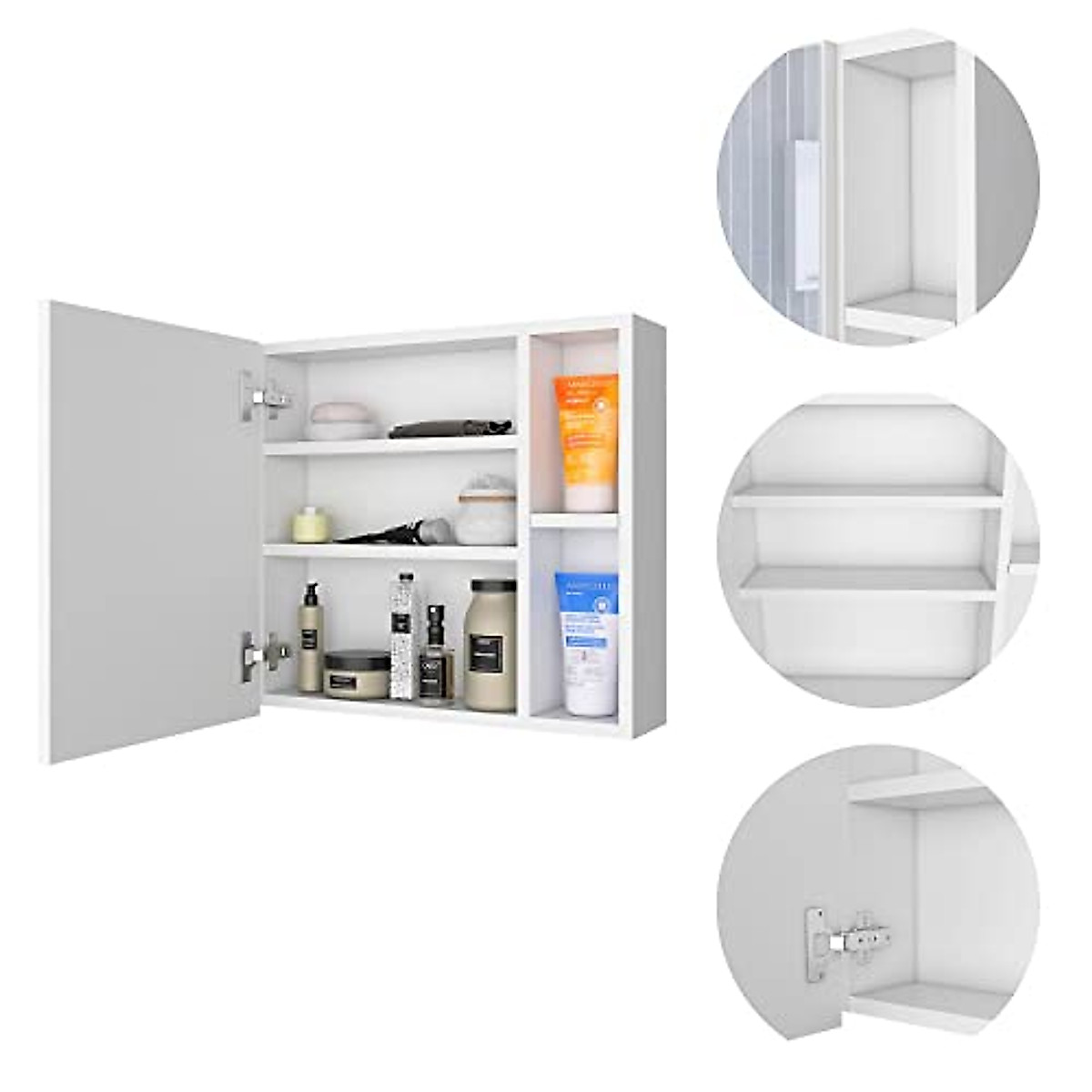 Voohek Medicine Cabinet with Three Internal, Single Door and Two External Shelves for Bathroom, a Unique Mirror, Manufactured Wood, White