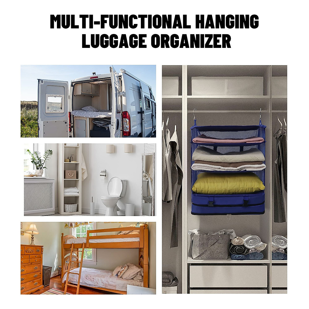 Caroeas Portable Hanging Travel Shelves Bag Suitcase Organizer Carry-on Closet Packing Cubes for Travel, 4-Shelf Suitcase Closet with 2 Hooks, X-Large Capacity, Blue