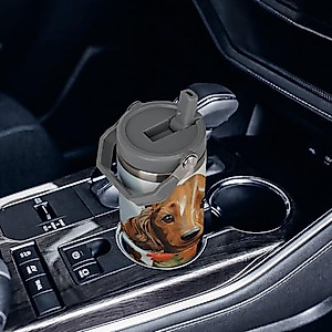 30oz Stainless Steel Insulated Tumbler with Flip Lid & Straw, Leakproof Travel Mug for Car, Dachshund Tropical Painting Art Double Wall Vacuum Thermal Coffee Cup with Handle, Spill-Proof Design for Ho