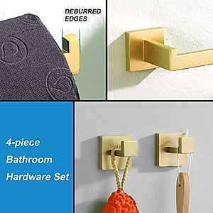 LANC 4 Piece Gold Bathroom Hardware Set, Square Brushed Gold 2 Pack Toilet Paper Holder and 2 Robe Towel Hooks, Stainless Steel Wall Mounted 2 Tissue Roll Holder and Coat Hooks Hanger, A8857BG