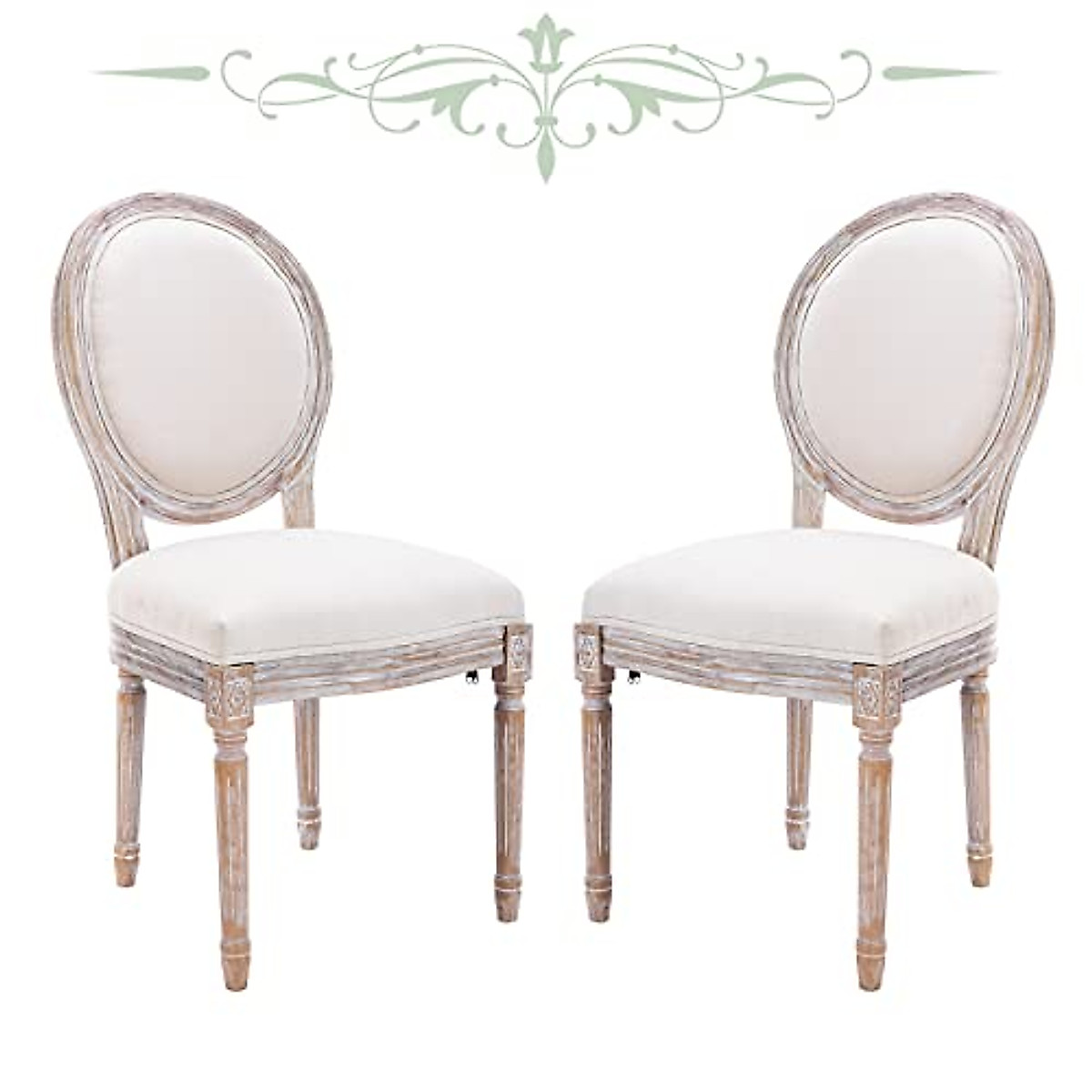 COLAMY Vintage Farmhouse Dining Chairs Set of 2, Upholstered French Country Dining Room Side Chairs with Round Back, Distressed Wood for Kitchen Living Room Bedroom