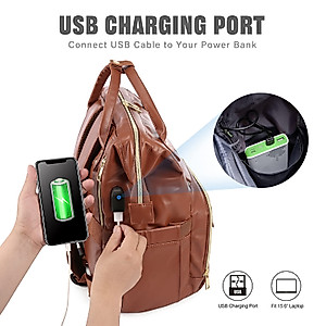 LOVEVOOK Laptop Backpack for Women,Soft Faux Leather,Travel Backpack Purse Laptop Bag for Women,Nurse Bag Teacher Backpack,Bookbag Business Laptop Backpack Women,Work Bag with USB Port,14 inch,Brown