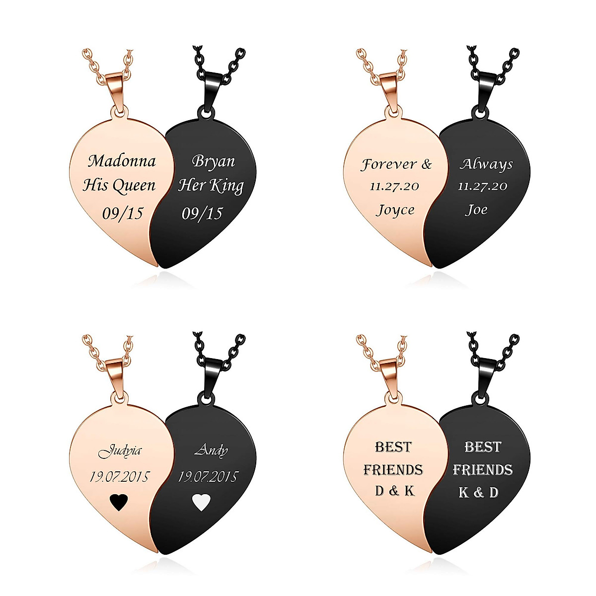 Jovivi Personalized Custom 2pcs Heart Couple Necklaces for Him and Her Black Rose Gold Stainless Steel Matching Puzzle Piece Necklace for Boyfriend Girlfriend Couples Wedding Valentines Gifts