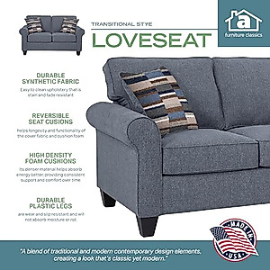American Furniture Classics Model 8-020-A330V22 Eureka Rolled Arm Loveseat with Two Pillows Love Seats, Blue